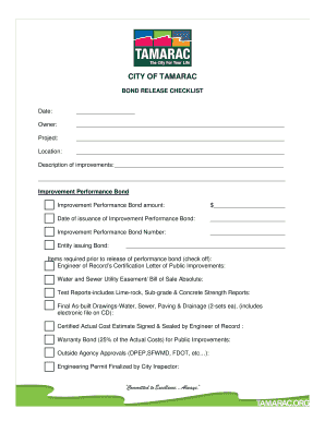 Fillable Online tamarac BOND RELEASE CHECKLIST Fax Email Print - pdfFiller