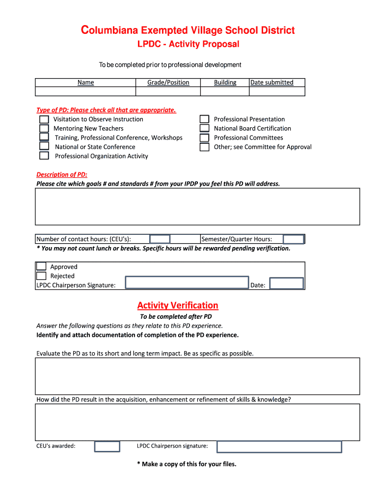 Fillable Online columbiana k12 oh LPDC ACTIVITY PROPOSAL FORM - Columbiana High School Fax Email ...