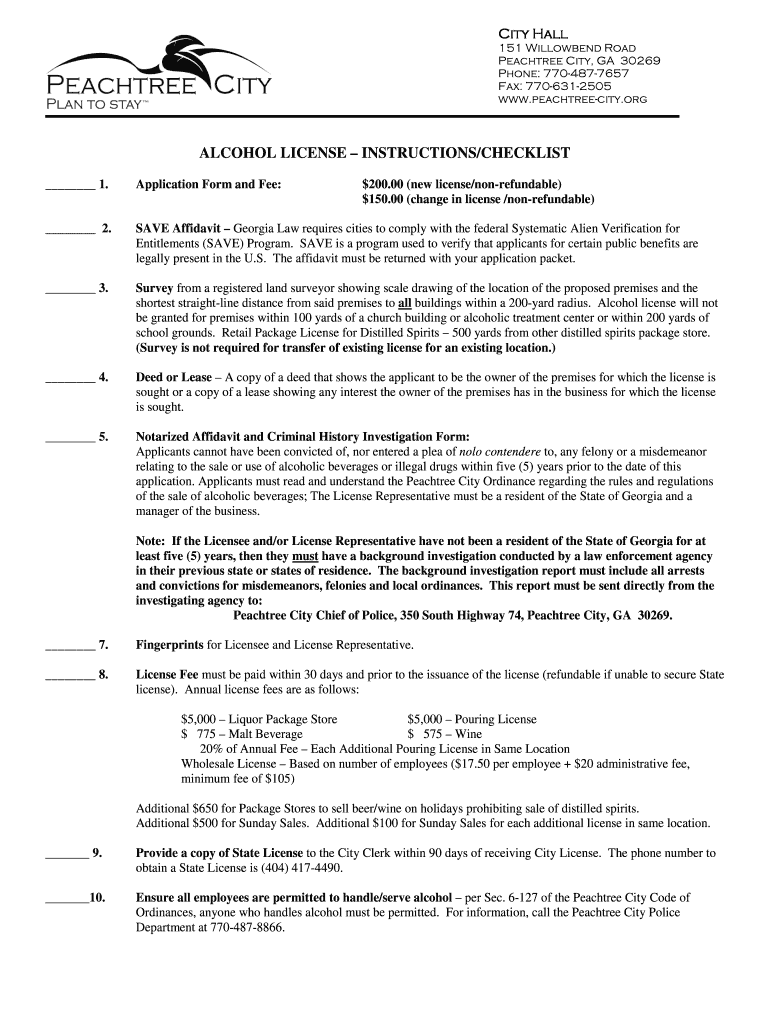 Fillable Online peachtree-city ALCOHOL LICENSE INSTRUCTIONS/CHECKLIST ...