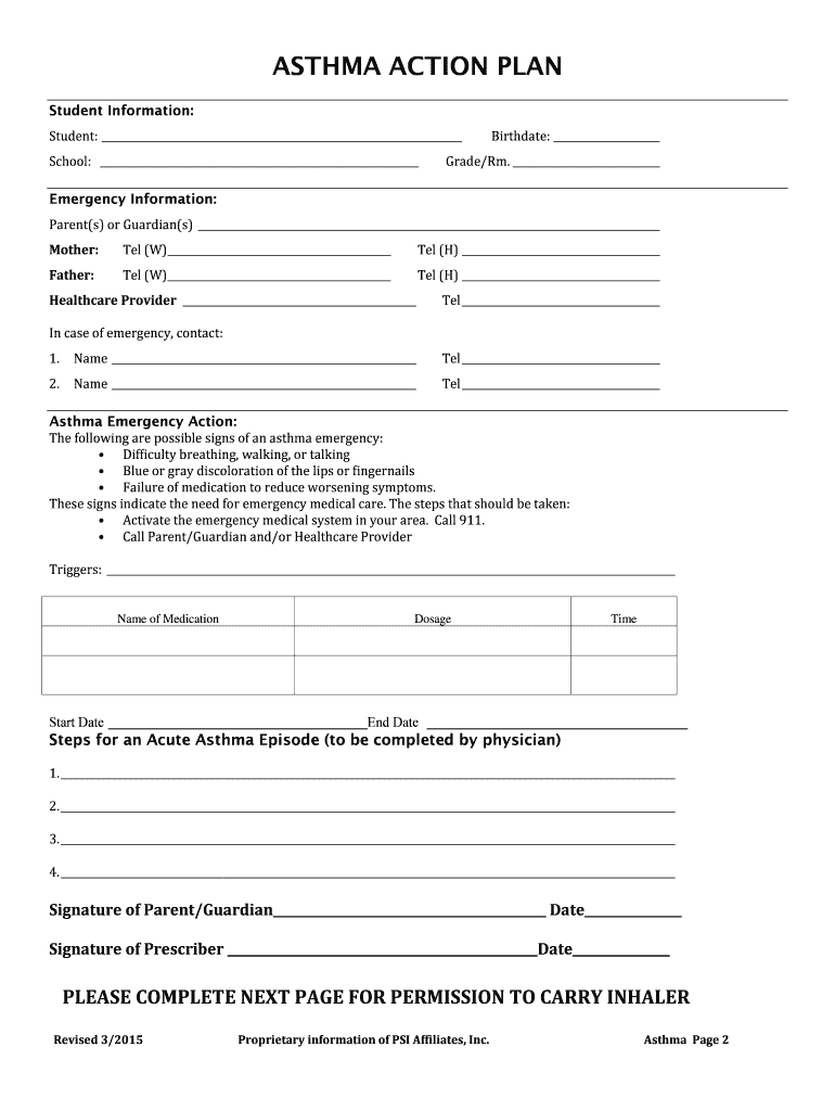 Fillable Online sel k12 oh ASTHMA ACTION PLAN - South Euclid-Lyndhurst ...