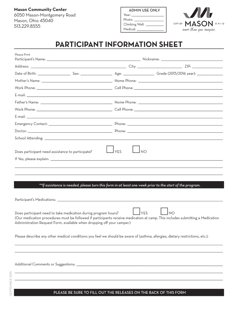 Fillable Online imaginemason PARTICIPANT INFORMATION SHEET - Mason Fax ...