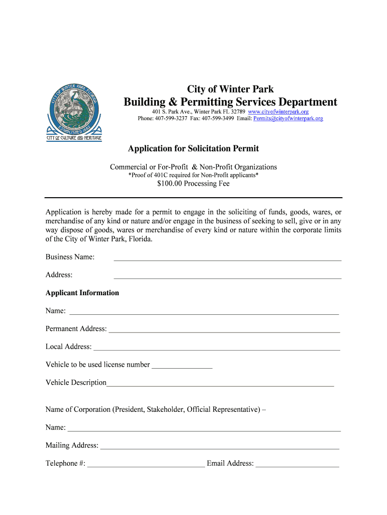 Fillable Online cityofwinterpark Solicitation Permit 81914 ...