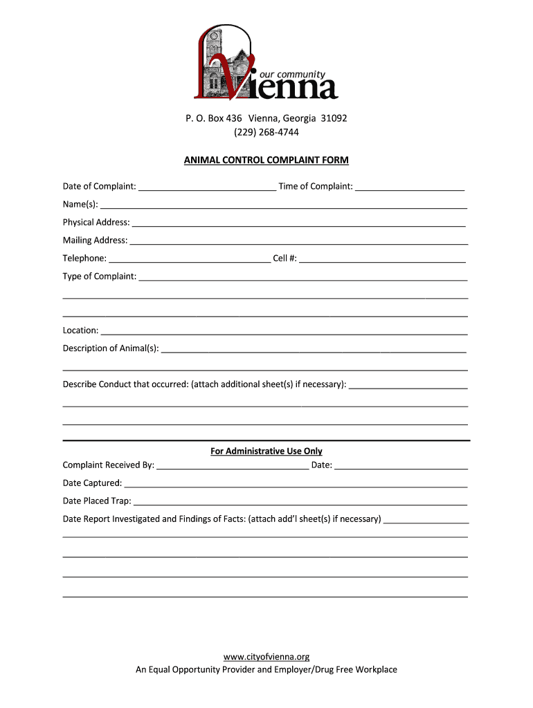 Fillable Online cityofvienna ANIMAL CONTROL COMPLAINT FORM ...