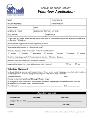 Fillable Online CORNELIUS PUBLIC LIBRARY Volunteer Application Fax ...