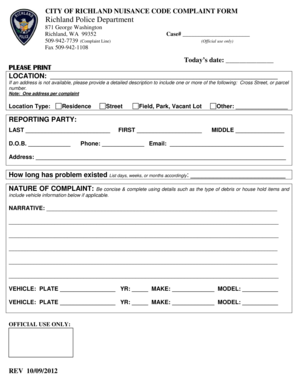 Fillable Online CITY OF RICHLAND NUISANCE CODE COMPLAINT FORM Richland ...
