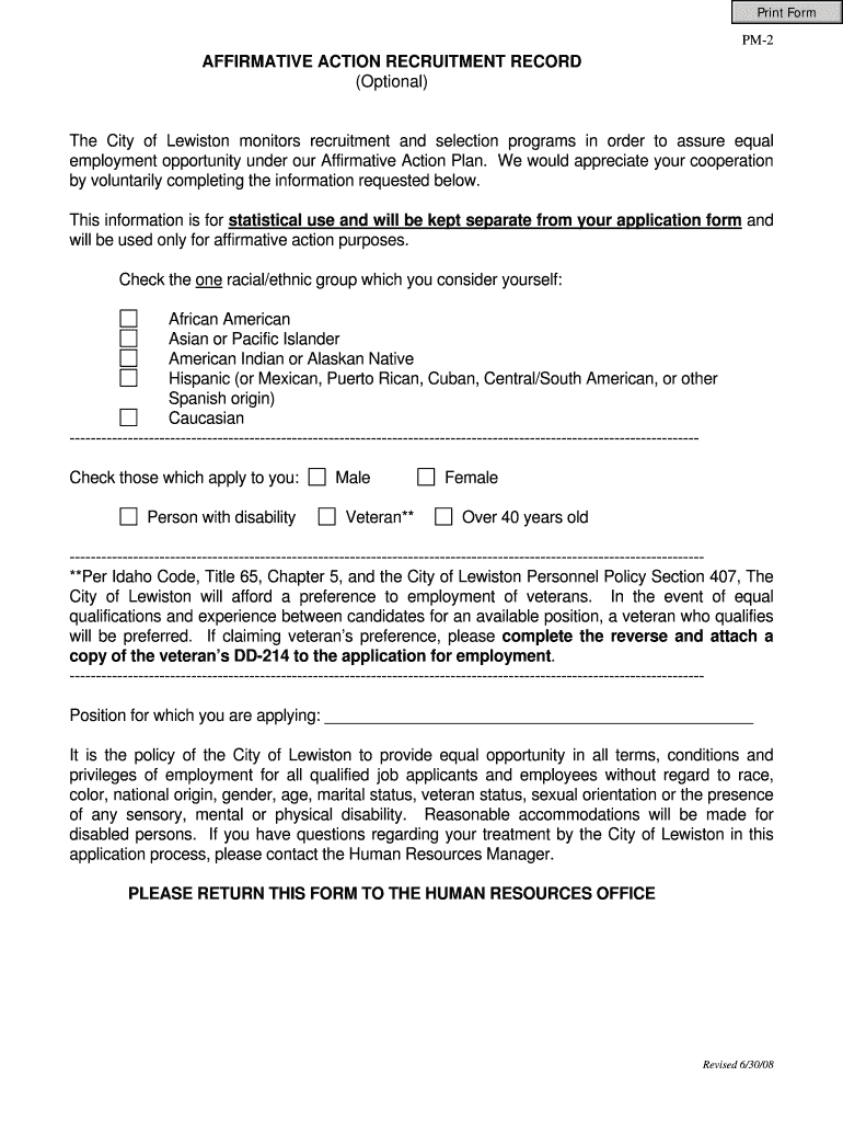 Fillable Online cityoflewiston PM-2 AFFIRMATIVE ACTION RECRUITMENT ...