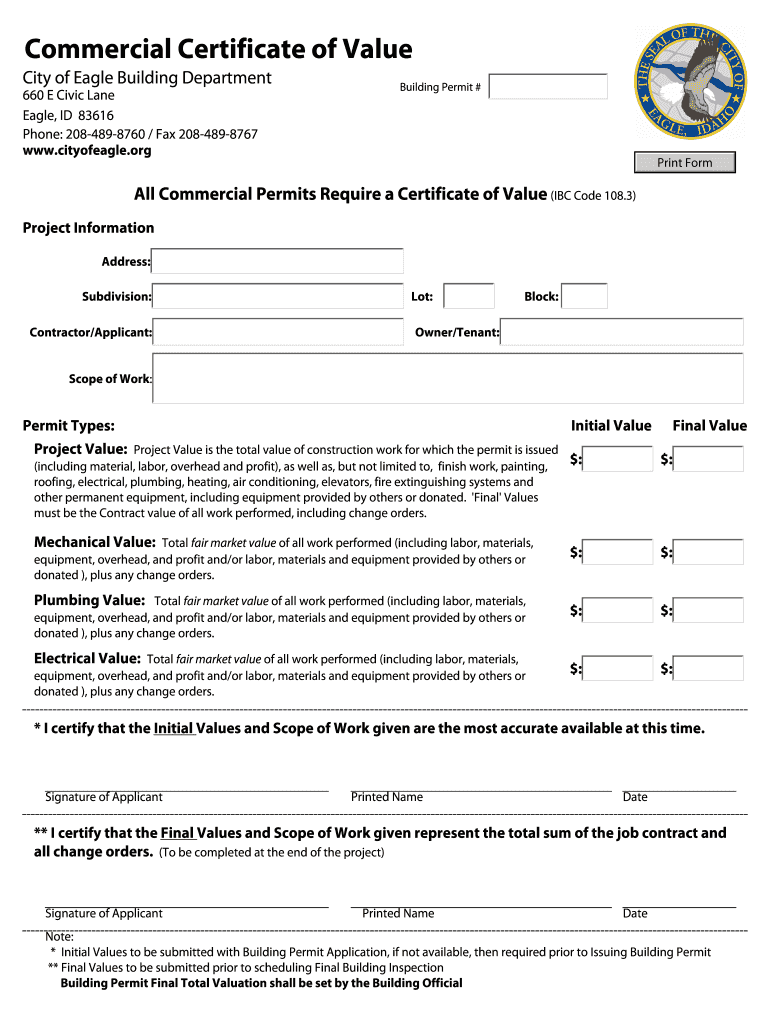 Fillable Online Commercial Certificate of Value - City of Eagle Idaho ...