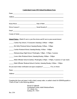 Fillable Online Cumberland County DUI School Enrollment Form Fax Email Print - pdfFiller