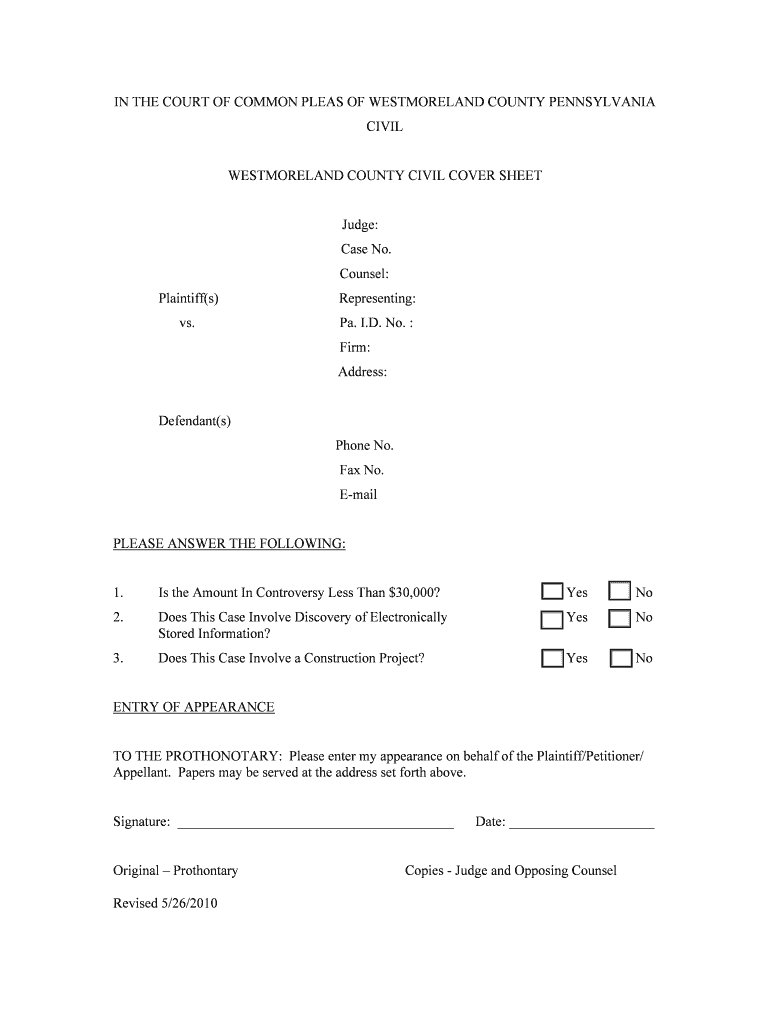 Fillable Online co westmoreland pa New Cover Sheet 052610Revised Fax ...