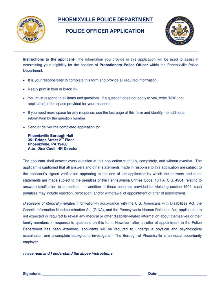 PHOENIXVILLE POLICE DEPARTMENT POLICE OFFICER APPLICATION ...