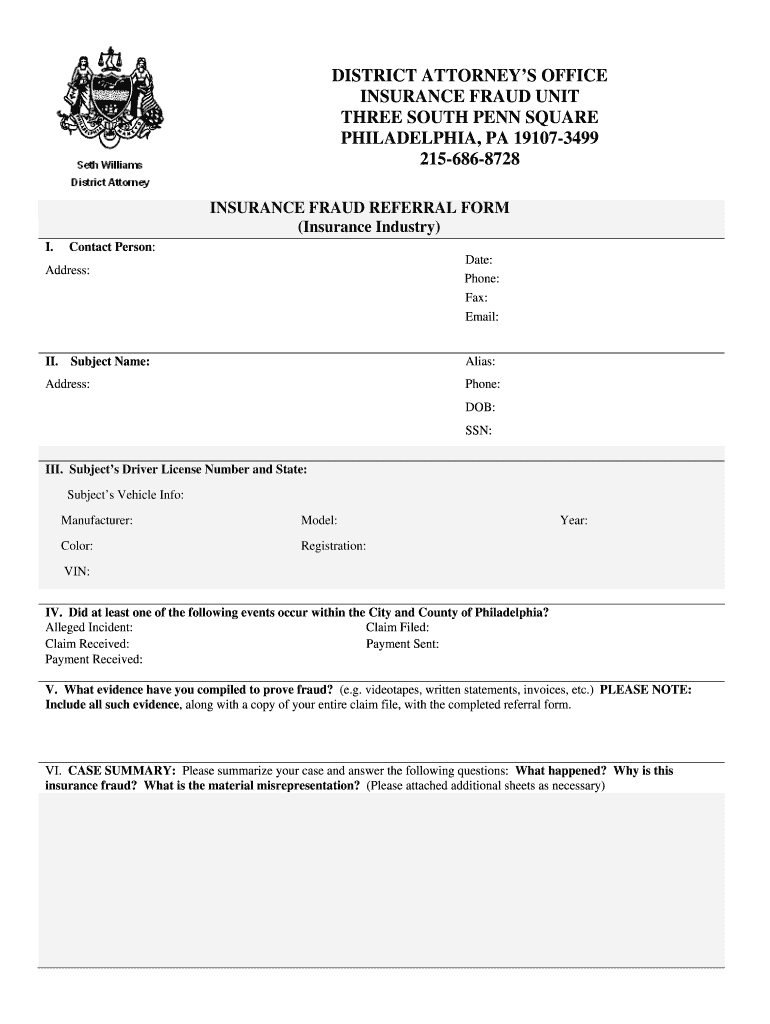 Fillable Online phila INSURANCE FRAUD REFERRAL FORM Insurance Industry ...