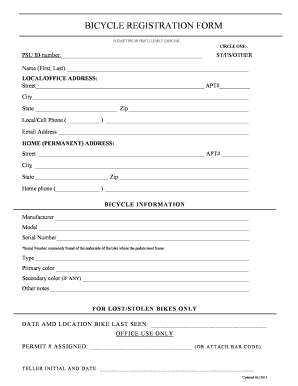Fillable Online statecollegepa BICYCLE REGISTRATION FORM ...