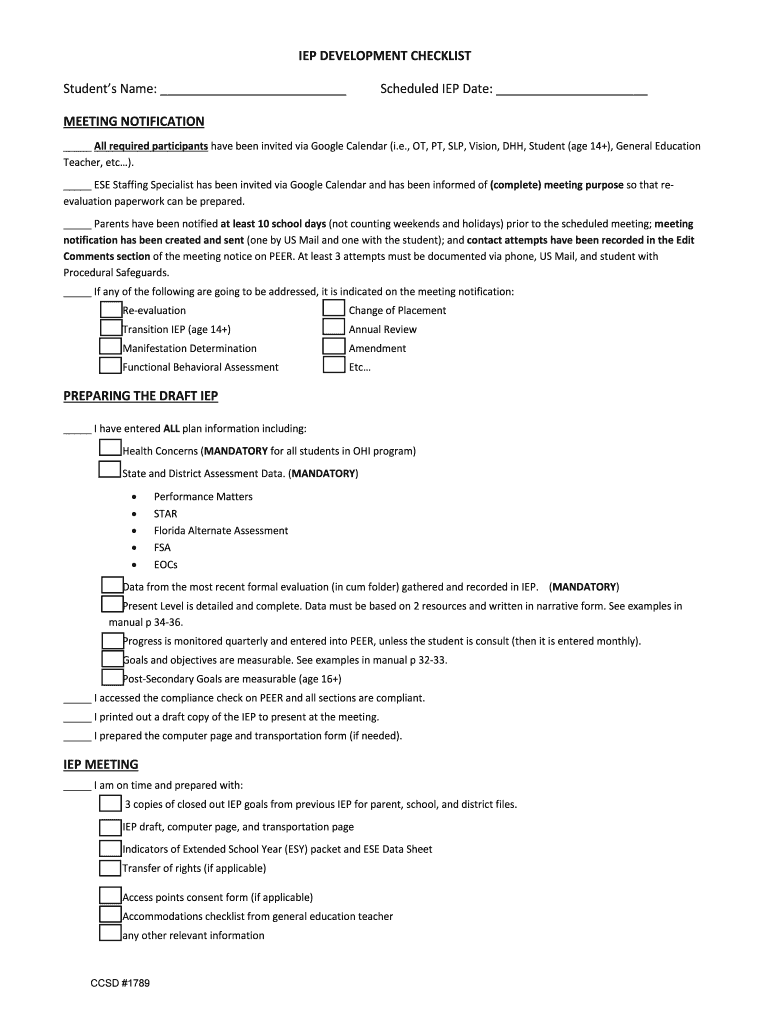 Fillable Online IEP DEVELOPMENT CHECKLIST - columbiak12flus Fax Email ...