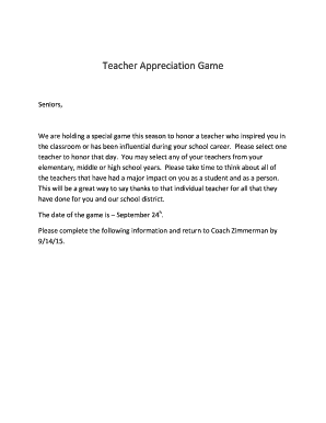 Fillable Online Teacher Appreciation Game - dallastownnet Fax Email ...