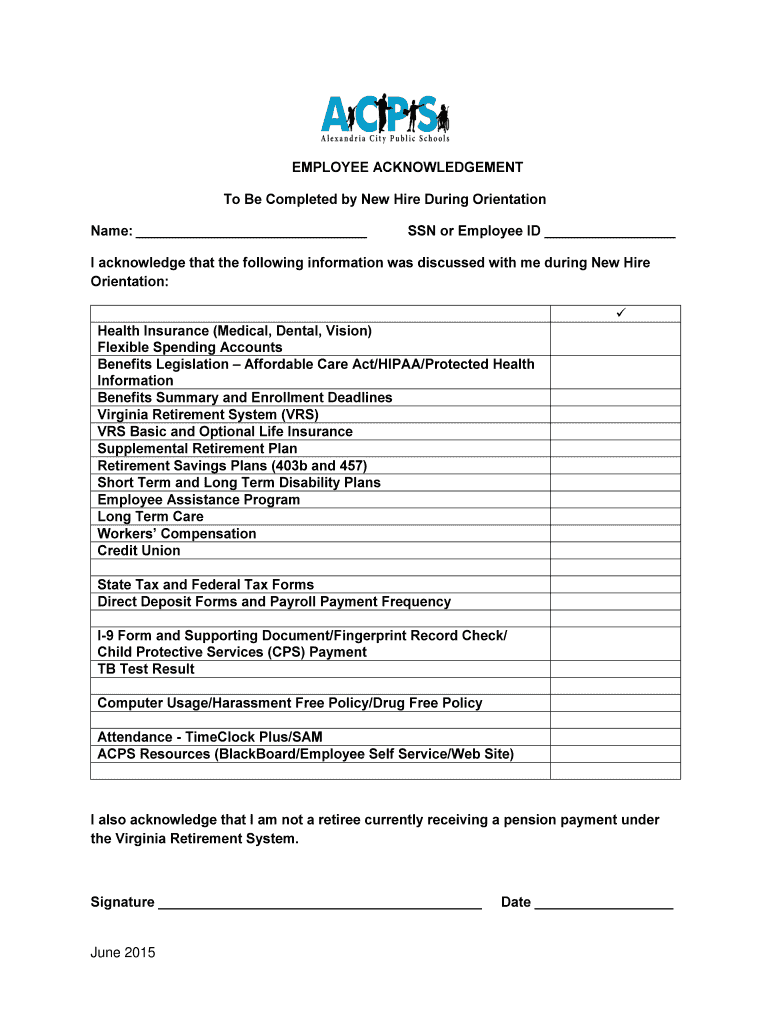 Fillable Online EMPLOYEE ACKNOWLEDGEMENT Orientation Health Insurance ...