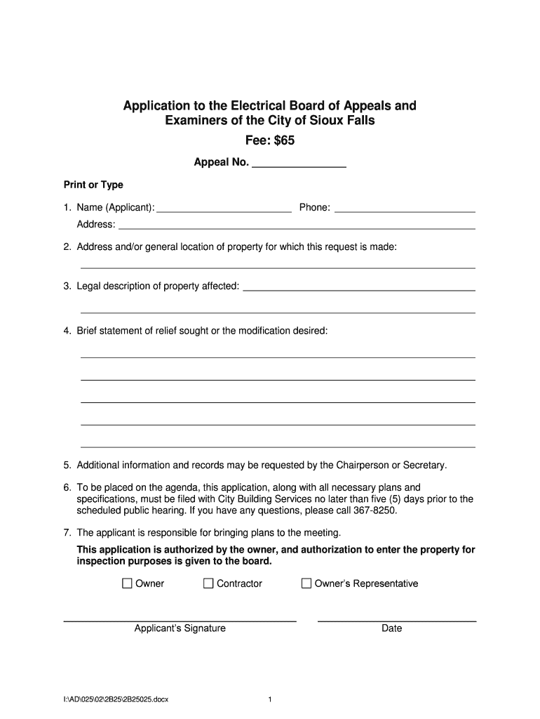 Fillable Online siouxfalls Application to the Electrical Board of ...