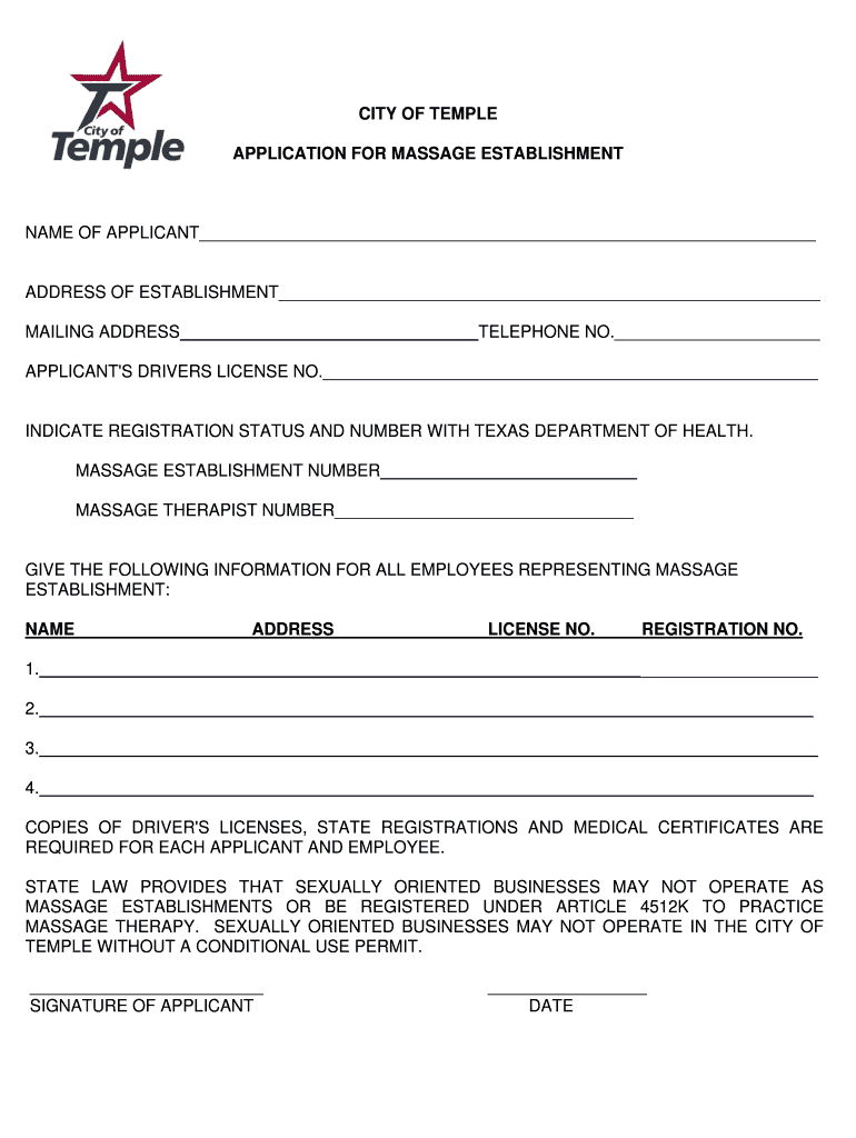Fillable Online ci temple tx CITY OF TEMPLE APPLICATION FOR MASSAGE ...