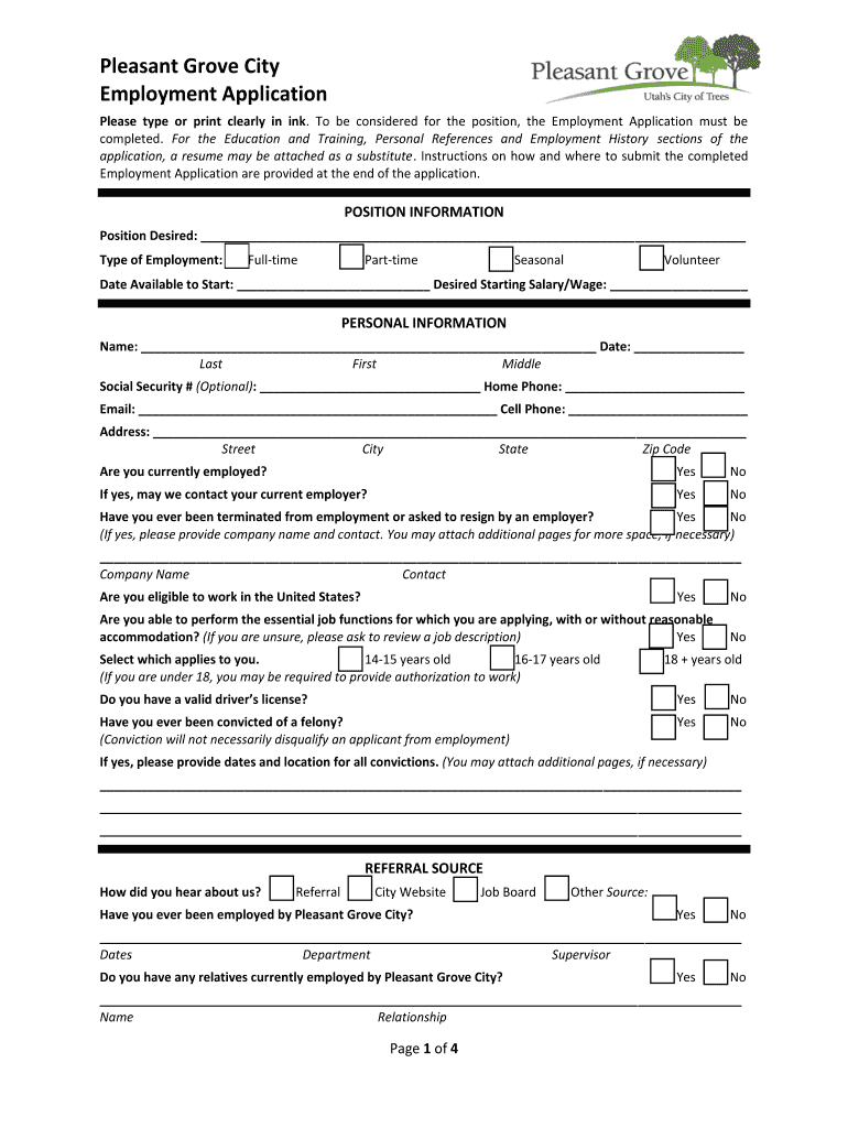 Fillable Online plgrove Pleasant Grove City Employment Application ...