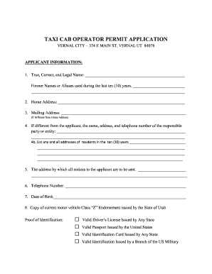Fillable Online TAXI CAB OPERATOR PERMIT APPLICATION - Vernal Utah Fax ...