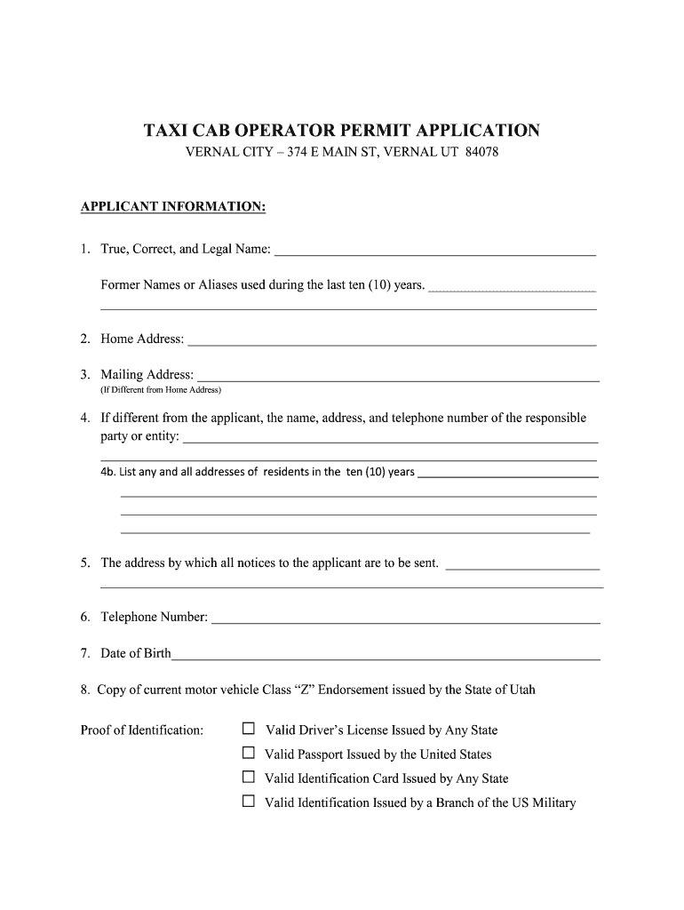 Fillable Online TAXI CAB OPERATOR PERMIT APPLICATION - Vernal Utah Fax ...