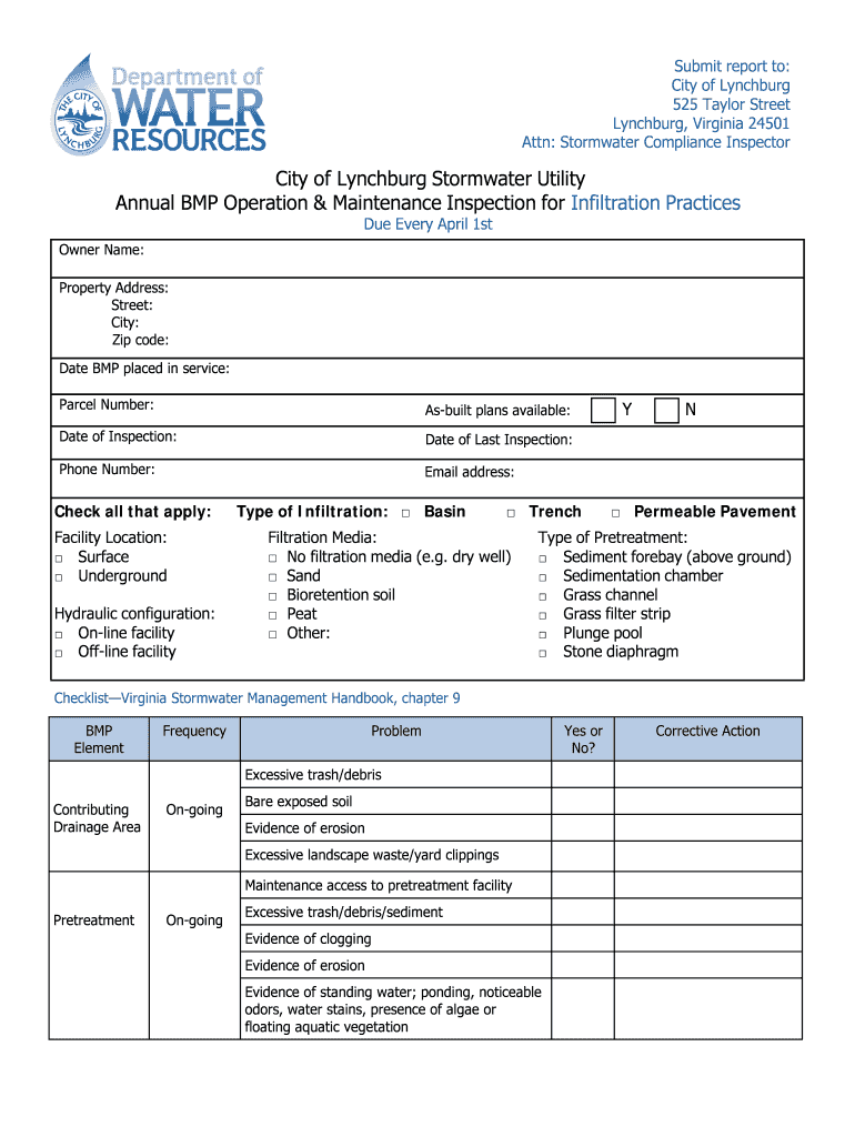 Fillable Online lynchburgva Infiltration Practices BMP Inspection ...