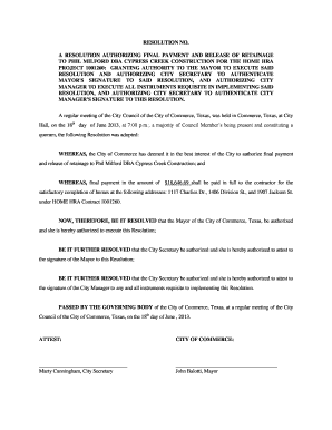 Fillable Online RESOLUTION NO A RESOLUTION AUTHORIZING FINAL PAYMENT ...