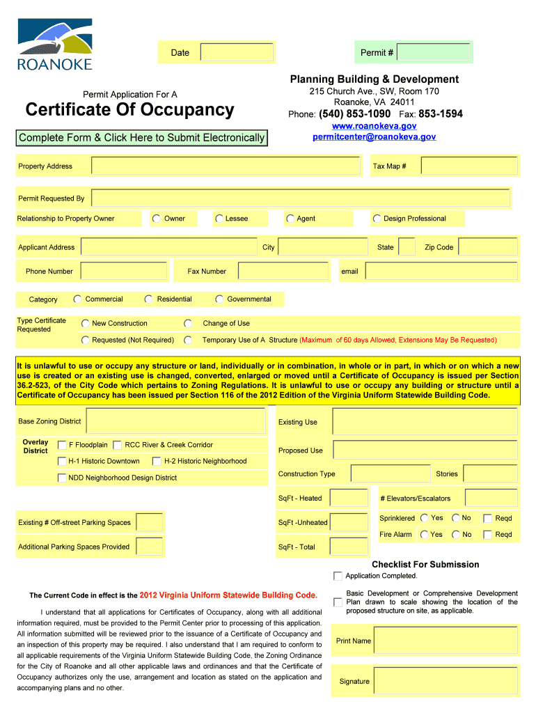 Fillable Online roanokeva Date Permit 215 Church Ave SW Room 170 ...