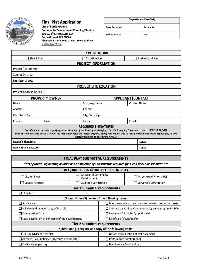 Fillable Online cityofbg Final Plat Application - Battle Ground ...