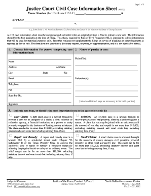 Fillable Online dallascounty Justice Court Civil Case Information Sheet ...
