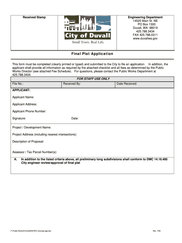Fillable Online duvallwa Final Plat Application - Duvall WA Fax Email ...