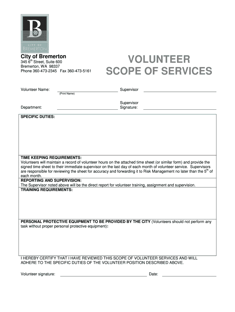 Fillable Online ci bremerton wa VOLUNTEER SCOPE OF SERVICES - Bremerton ...