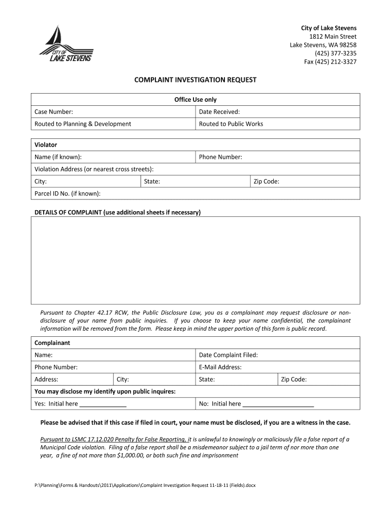 Fillable Online lakestevenswa COMPLAINT INVESTIGATION REQUEST - Lake ...