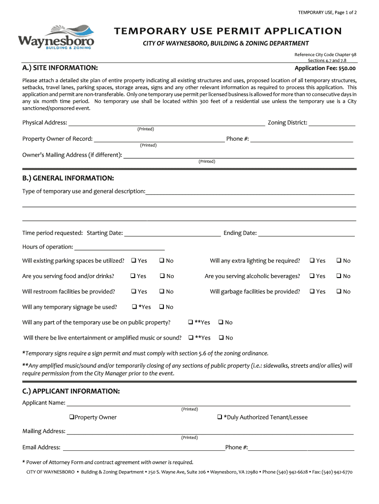 Fillable Online TEMPORARY USE PERMIT APPLICATION - waynesborovaus Fax Email Print - pdfFiller