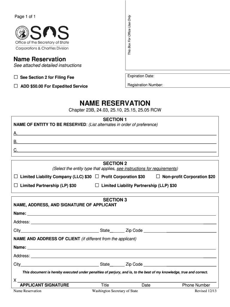 Fillable Online sos wa Name Reservation Form - WA Secretary of State ...