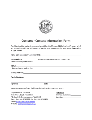 Fillable Online Customer Contact Information Form - Shepherdstown Fax ...