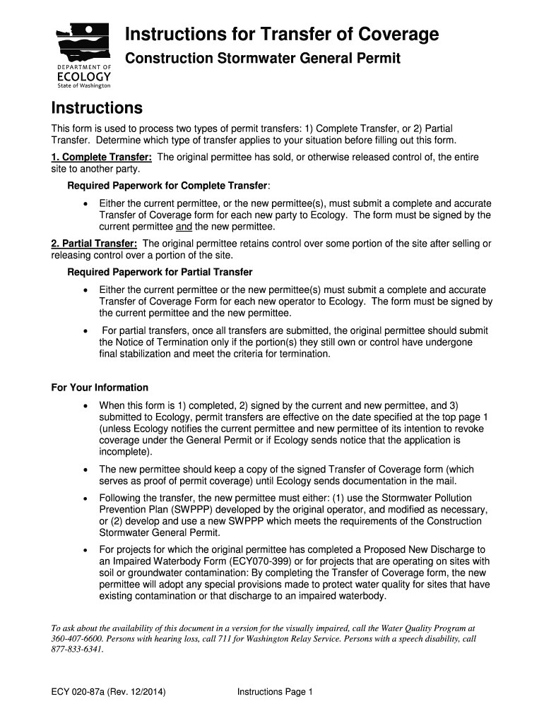 Fillable Online ecy wa Transfer of Coverage Form for Construction Stormwater General Permit Fax ...