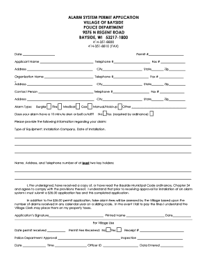 Fillable Online village bayside wi ALARM SYSTEM PERMIT APPLICATION ...