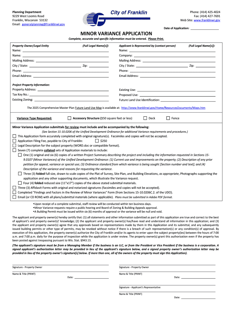 Fillable Online franklinwi Date of Application MINOR VARIANCE APPLICATION Fax Email Print ...