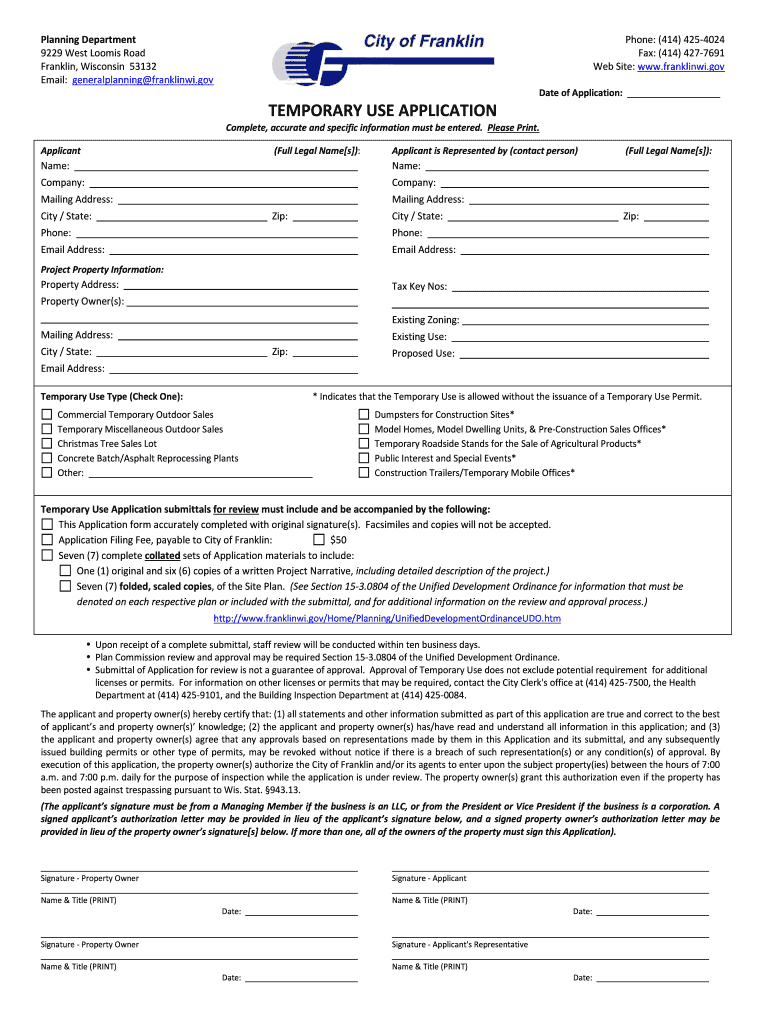 Fillable Online franklinwi Date of Application TEMPORARY USE ...