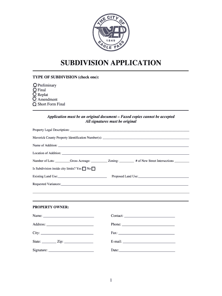 Fillable Online Subdivision Application Form 2 - eaglepasstxus Fax ...
