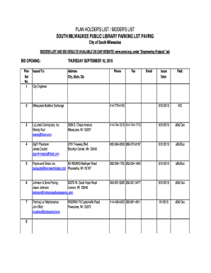 Fillable Online PLAN HOLDERS LIST BIDDERS LIST SOUTH MILWAUKEE PUBLIC ...