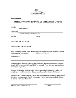 Fillable Online rfcity APPLICATION FOR RENEWAL OF OPERATORS LICENSE Fax Email Print - pdfFiller