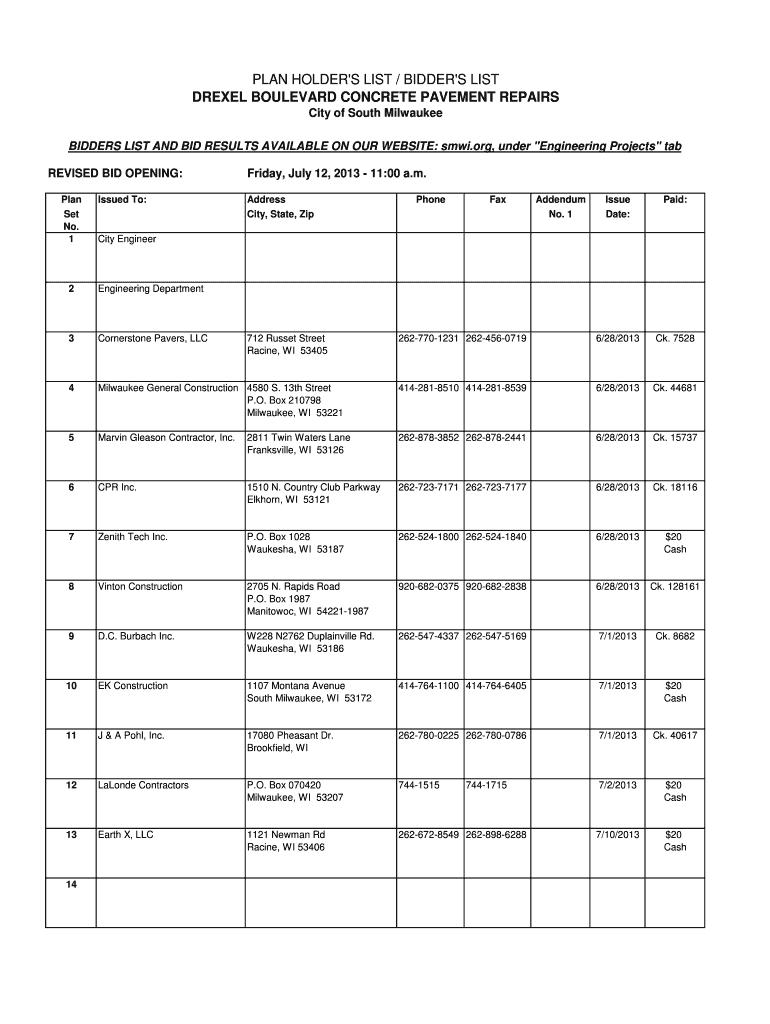 Fillable Online PLAN HOLDERS LIST BIDDERS LIST DREXEL BOULEVARD Fax Email Print - pdfFiller