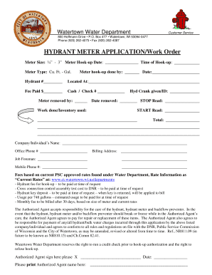 Fillable Online HYDRANT METER APPLICATIONWork Order - Watertown Fax ...
