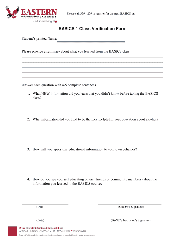 Fillable Online ewu BASICS One Verification Form - ewu Fax Email Print - pdfFiller