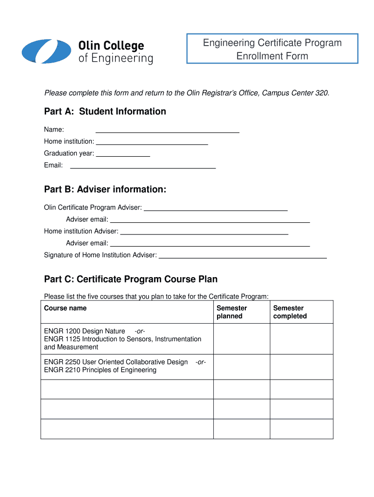 Fillable Online olin Engineering Certificate Program Enrollment Form ...