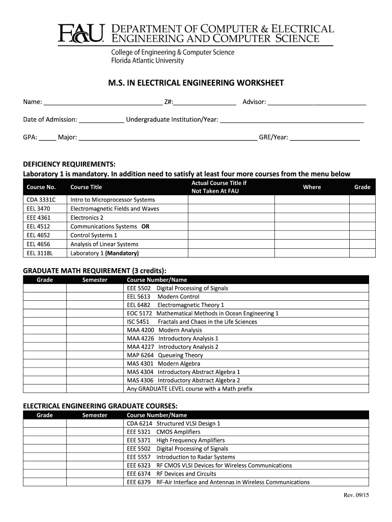 Fillable Online ceecs fau MS IN ELECTRICAL ENGINEERING WORKSHEET Fax ...