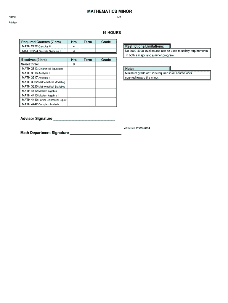 Fillable Online gsw Electives 9 hrs Hrs Term Grade MATH 3313 Note MATH 3316 - gsw Fax Email ...