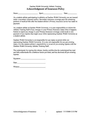 Fillable Online gardner-webb Acknowledgment of Insurance Policy ...