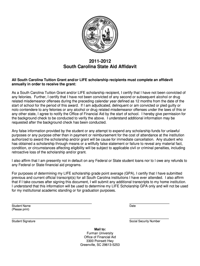 Fillable Online furman 2011-2012 South Carolina State Aid Affidavit ...